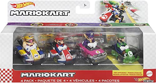 Hot Wheels Mario Kart Vehicle 4-Pack, Set of 4 Fan-Favorite Characters Includes 1 Exclusive Model, Collectible Gift for Kids & Fans Ages 3 Years Old & Up