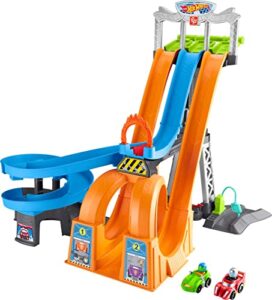 fisher-price little people toddler playset hot wheels racing loops tower race track with stunt ramp & sounds for ages 18+ months