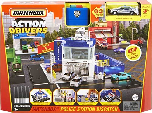 Matchbox Action Drivers Police Station Dispatch Playset with 1 Helicopter & 1 Ford Police Car, with Lights & Sounds