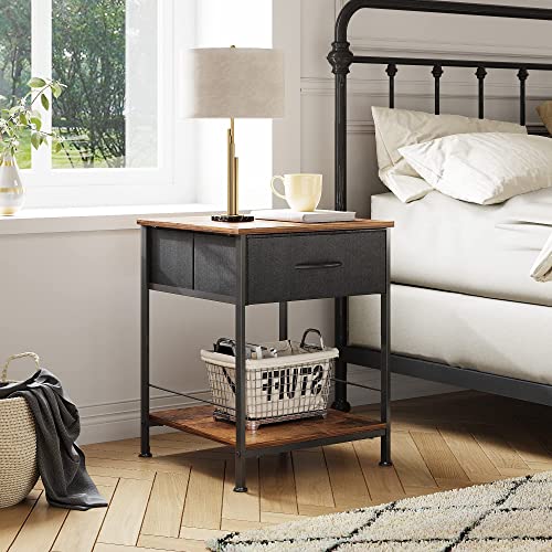 WLIVE 1-Drawer Nightstand and 7-Drawer Dresser Set, Fabric Storage Tower for Bedroom, Hallway, Nursery, Closets, Tall Chest Organizer Unit with Textured Print Fabric Bins, Steel Frame