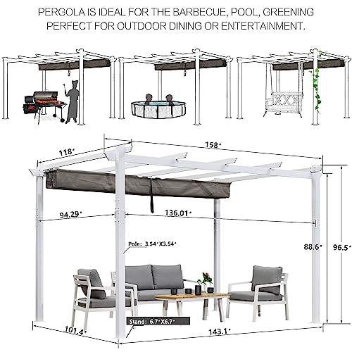 PURPLE LEAF 10' X 13' Outdoor Retractable Pergola with Sun Shade Canopy Cover White Patio Metal Shelter for Garden Porch Yard BBQ Beach Gazebo Grape Trellis Pergola, Gray