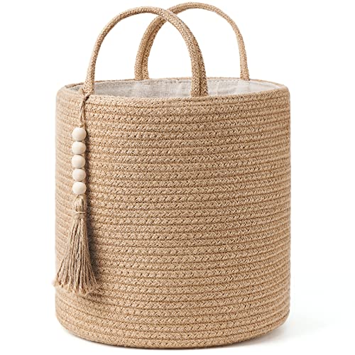 Mkono Woven Storage Basket Decorative Rope Basket Wooden Bead Decoration for Blankets,Toys,Clothes,Shoes,Plant Organizer Bin with Handles Living Room Home Decor, Jute, 11" W x 11"L