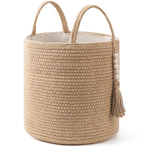 Mkono Woven Storage Basket Decorative Rope Basket Wooden Bead Decoration for Blankets,Toys,Clothes,Shoes,Plant Organizer Bin with Handles Living Room Home Decor, Jute, 11" W x 11"L