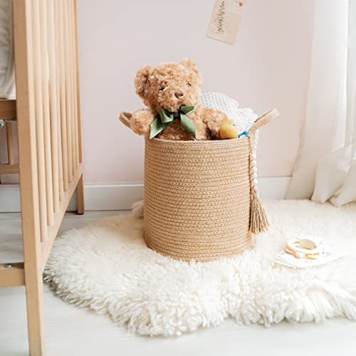 Mkono Woven Storage Basket Decorative Rope Basket Wooden Bead Decoration for Blankets,Toys,Clothes,Shoes,Plant Organizer Bin with Handles Living Room Home Decor, Jute, 11" W x 11"L