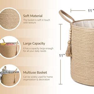 Mkono Woven Storage Basket Decorative Rope Basket Wooden Bead Decoration for Blankets,Toys,Clothes,Shoes,Plant Organizer Bin with Handles Living Room Home Decor, Jute, 11" W x 11"L