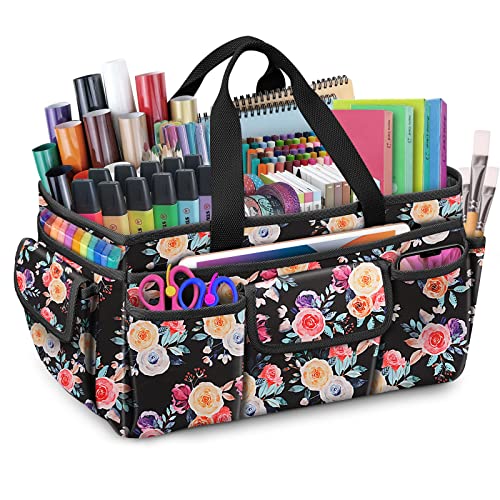 FINPAC Large Craft Storage Tote Bag with Multiple Pockets, Scrapbooking Carrying Case Storage Caddy with Handle for Sewing, Art, Desktop, Baby Care Supplies (Rose Garden)