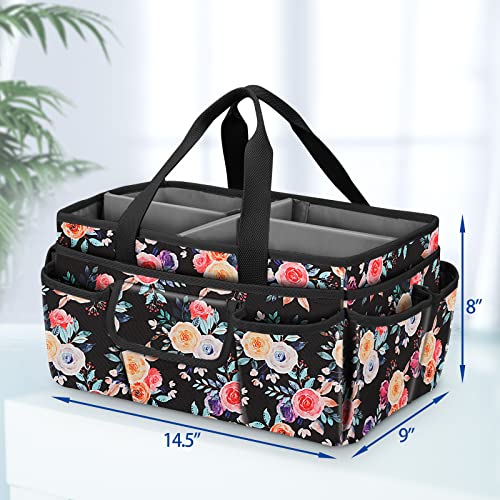 FINPAC Large Craft Storage Tote Bag with Multiple Pockets, Scrapbooking Carrying Case Storage Caddy with Handle for Sewing, Art, Desktop, Baby Care Supplies (Rose Garden)