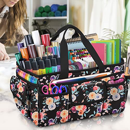 FINPAC Large Craft Storage Tote Bag with Multiple Pockets, Scrapbooking Carrying Case Storage Caddy with Handle for Sewing, Art, Desktop, Baby Care Supplies (Rose Garden)