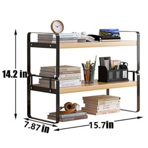 YGYQZ Wood Office Desk Shelf Organizer - Desktop Supplies Cute Dresser Top Organization Storage Rack and Cubicle Decor Aesthetic Bookshelf for Women Man and Kids (Black-Two Tier)