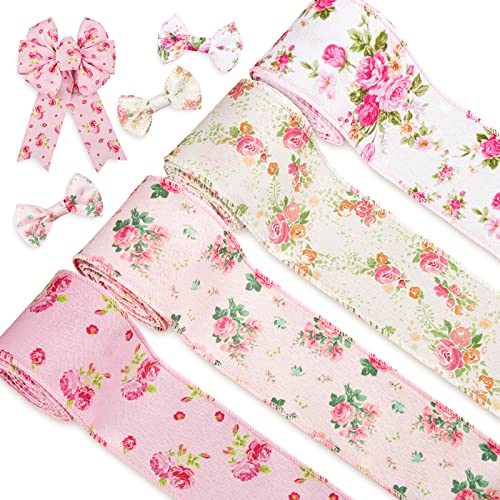 Whaline Floral Wired Edge Ribbon 4 Rolls Rose Flower Pattern Ribbon Spring Summer Fabric Decorative Craft Ribbon Roll for Gift Wrapping Decor Hair Bow Sewing Wreath Crafts, 20 Yard x 2.5 Inch