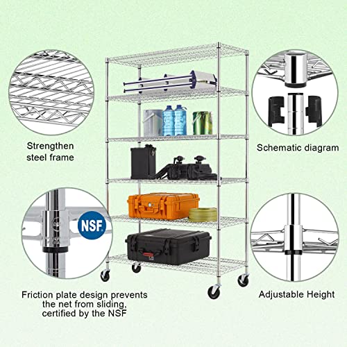 Storage Shelf, 6-Tier Wire Shelving Unit NSF Certified Storage Rack 18" D x 48" W x 78" H 6000Lbs Capacity Adjustable Layer Heavy Duty Metal Rack Steel with Casters for Kitchen Garage Pantry Chrome