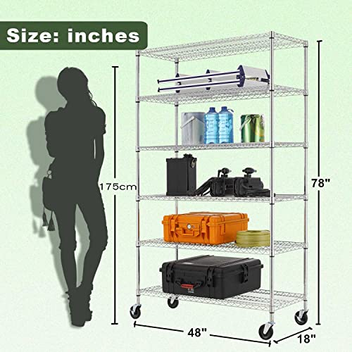 Storage Shelf, 6-Tier Wire Shelving Unit NSF Certified Storage Rack 18" D x 48" W x 78" H 6000Lbs Capacity Adjustable Layer Heavy Duty Metal Rack Steel with Casters for Kitchen Garage Pantry Chrome