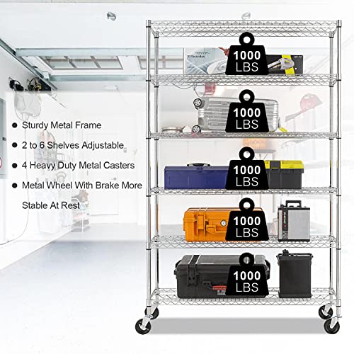 Storage Shelf, 6-Tier Wire Shelving Unit NSF Certified Storage Rack 18" D x 48" W x 78" H 6000Lbs Capacity Adjustable Layer Heavy Duty Metal Rack Steel with Casters for Kitchen Garage Pantry Chrome