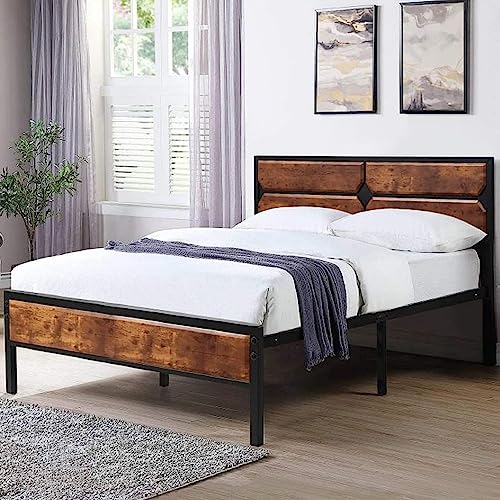 VECELO Bed Frame Queen Size with Wooden Headboard & Footboard, Metal Platform Mattress Foundation with Strong Slats Support& Storage Space, No Box Spring Needed/Easily Assemble,Brown