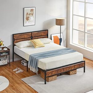 VECELO Bed Frame Queen Size with Wooden Headboard & Footboard, Metal Platform Mattress Foundation with Strong Slats Support& Storage Space, No Box Spring Needed/Easily Assemble,Brown