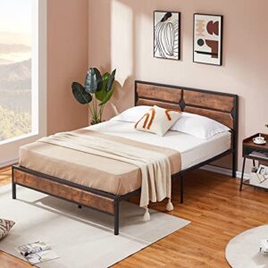 VECELO Bed Frame Queen Size with Wooden Headboard & Footboard, Metal Platform Mattress Foundation with Strong Slats Support& Storage Space, No Box Spring Needed/Easily Assemble,Brown