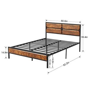 VECELO Bed Frame Queen Size with Wooden Headboard & Footboard, Metal Platform Mattress Foundation with Strong Slats Support& Storage Space, No Box Spring Needed/Easily Assemble,Brown