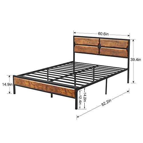 VECELO Bed Frame Queen Size with Wooden Headboard & Footboard, Metal Platform Mattress Foundation with Strong Slats Support& Storage Space, No Box Spring Needed/Easily Assemble,Brown