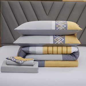 ENUULLAO Patchwork Stripe Comforter Set King Size, 6 Pieces Bed in A Bag,Grey and Yellow Patchwork Striped Comforter and Sheet Set,All Season Bedding Set(Grey/Yellow,King)