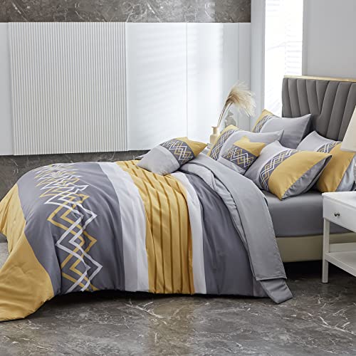 ENUULLAO Patchwork Stripe Comforter Set King Size, 6 Pieces Bed in A Bag,Grey and Yellow Patchwork Striped Comforter and Sheet Set,All Season Bedding Set(Grey/Yellow,King)