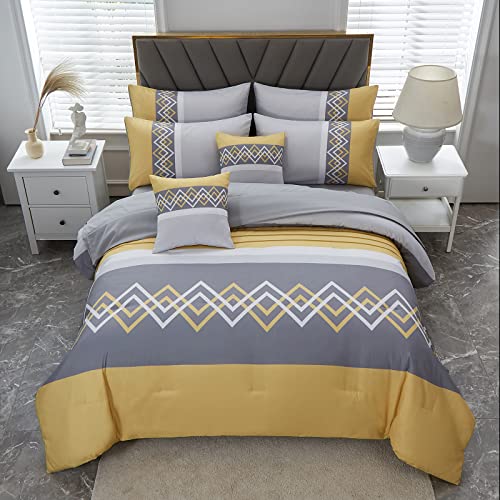 ENUULLAO Patchwork Stripe Comforter Set King Size, 6 Pieces Bed in A Bag,Grey and Yellow Patchwork Striped Comforter and Sheet Set,All Season Bedding Set(Grey/Yellow,King)