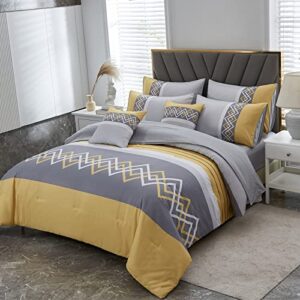 ENUULLAO Patchwork Stripe Comforter Set King Size, 6 Pieces Bed in A Bag,Grey and Yellow Patchwork Striped Comforter and Sheet Set,All Season Bedding Set(Grey/Yellow,King)