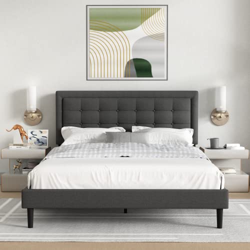 UNIZONE Queen Upholstered Bed Frame with Headboard, Tufted Platform Bed with Button Headboard, Wood Slats Support, Mattress Foundation, No Box Spring Needed, Easy Assembly, Modern, Linen, Dark Gray