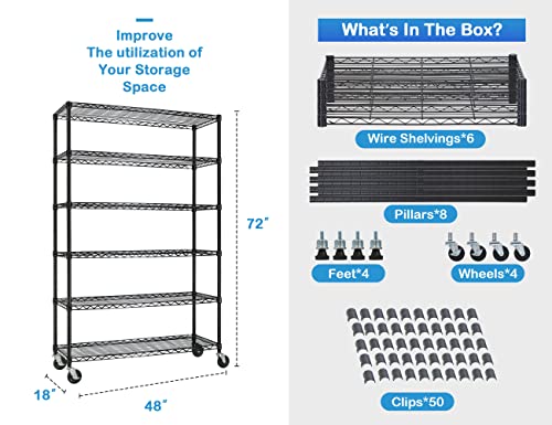 Haiput Wam Garage Storage Shelves for Storage,Organizer Metal Wire Shelving Unit, 5/6 Tier Steel Storage Racks,750Lbs Rust-Proof Adjustable Shelves (Black, 2100Lbs 6 Tier)