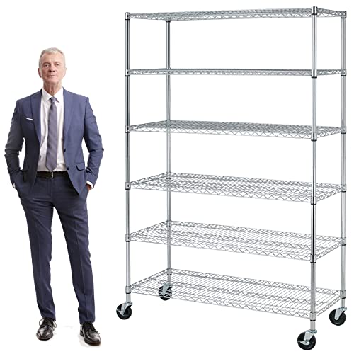 Storage Rack with Wheels, NSF Certification Shelving Unit Heavy Duty 6000 Lb Capacity 6 Tier Metal Shelf on Casters 48" L×18" W×78" H for Restaurant Garage Pantry Kitchen Movable Wire Rack, Chrome