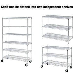 Storage Rack with Wheels, NSF Certification Shelving Unit Heavy Duty 6000 Lb Capacity 6 Tier Metal Shelf on Casters 48" L×18" W×78" H for Restaurant Garage Pantry Kitchen Movable Wire Rack, Chrome