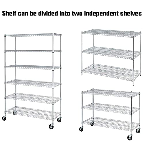 Storage Rack with Wheels, NSF Certification Shelving Unit Heavy Duty 6000 Lb Capacity 6 Tier Metal Shelf on Casters 48" L×18" W×78" H for Restaurant Garage Pantry Kitchen Movable Wire Rack, Chrome