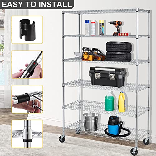 Storage Rack with Wheels, NSF Certification Shelving Unit Heavy Duty 6000 Lb Capacity 6 Tier Metal Shelf on Casters 48" L×18" W×78" H for Restaurant Garage Pantry Kitchen Movable Wire Rack, Chrome