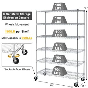 Storage Rack with Wheels, NSF Certification Shelving Unit Heavy Duty 6000 Lb Capacity 6 Tier Metal Shelf on Casters 48" L×18" W×78" H for Restaurant Garage Pantry Kitchen Movable Wire Rack, Chrome