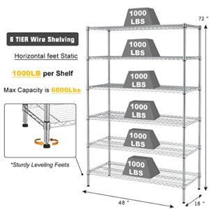 Storage Rack with Wheels, NSF Certification Shelving Unit Heavy Duty 6000 Lb Capacity 6 Tier Metal Shelf on Casters 48" L×18" W×78" H for Restaurant Garage Pantry Kitchen Movable Wire Rack, Chrome