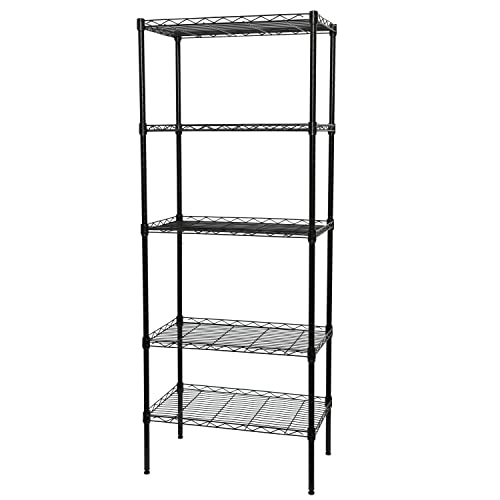 MACRO GLOBE 5-Tiers Carbon Steel Shelving Units, Kitchen Organizer with 6 Hooks, Classic Wire Shelving Units, Multi Use Storage Rack for Home Office, Size 59.10 “x 23.60” x 13.80”(Black)