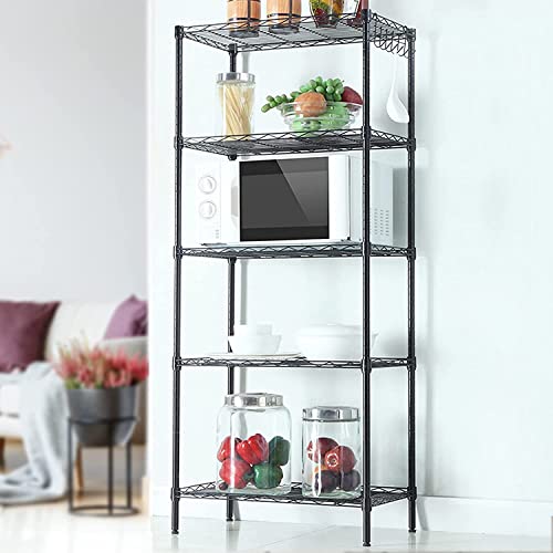 MACRO GLOBE 5-Tiers Carbon Steel Shelving Units, Kitchen Organizer with 6 Hooks, Classic Wire Shelving Units, Multi Use Storage Rack for Home Office, Size 59.10 “x 23.60” x 13.80”(Black)