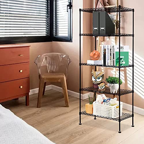 MACRO GLOBE 5-Tiers Carbon Steel Shelving Units, Kitchen Organizer with 6 Hooks, Classic Wire Shelving Units, Multi Use Storage Rack for Home Office, Size 59.10 “x 23.60” x 13.80”(Black)