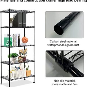 MACRO GLOBE 5-Tiers Carbon Steel Shelving Units, Kitchen Organizer with 6 Hooks, Classic Wire Shelving Units, Multi Use Storage Rack for Home Office, Size 59.10 “x 23.60” x 13.80”(Black)