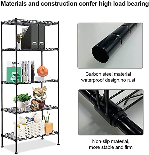 MACRO GLOBE 5-Tiers Carbon Steel Shelving Units, Kitchen Organizer with 6 Hooks, Classic Wire Shelving Units, Multi Use Storage Rack for Home Office, Size 59.10 “x 23.60” x 13.80”(Black)