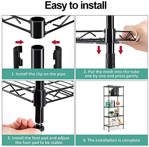 MACRO GLOBE 5-Tiers Carbon Steel Shelving Units, Kitchen Organizer with 6 Hooks, Classic Wire Shelving Units, Multi Use Storage Rack for Home Office, Size 59.10 “x 23.60” x 13.80”(Black)