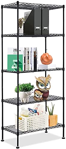 MACRO GLOBE 5-Tiers Carbon Steel Shelving Units, Kitchen Organizer with 6 Hooks, Classic Wire Shelving Units, Multi Use Storage Rack for Home Office, Size 59.10 “x 23.60” x 13.80”(Black)