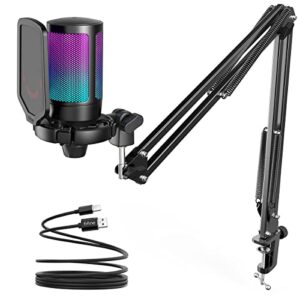 fifine gaming pc usb microphone, podcast condenser mic with boom arm, pop filter, mute button for streaming, twitch, online chat, rgb computer mic for ps4/5 pc gamer youtuber-ampligame a6t