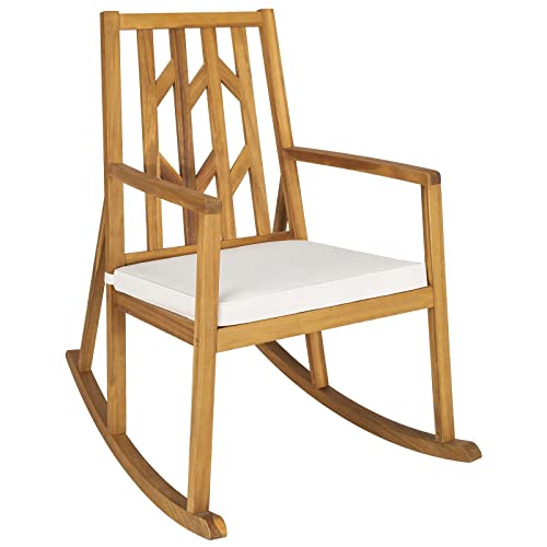 Tangkula Acacia Wood Patio Rocking Chair, Outdoor Porch Rocker W/Removable High-Density Cushion, All-Weather Resistance, Balanced Rocking Base, Perfect for Garden, Backyard, Poolside (1, White)