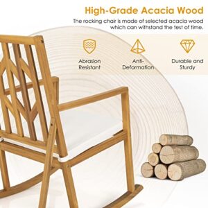 Tangkula Acacia Wood Patio Rocking Chair, Outdoor Porch Rocker W/Removable High-Density Cushion, All-Weather Resistance, Balanced Rocking Base, Perfect for Garden, Backyard, Poolside (1, White)