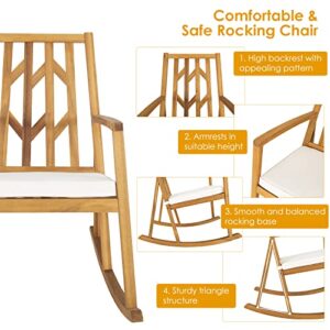 Tangkula Acacia Wood Patio Rocking Chair, Outdoor Porch Rocker W/Removable High-Density Cushion, All-Weather Resistance, Balanced Rocking Base, Perfect for Garden, Backyard, Poolside (1, White)