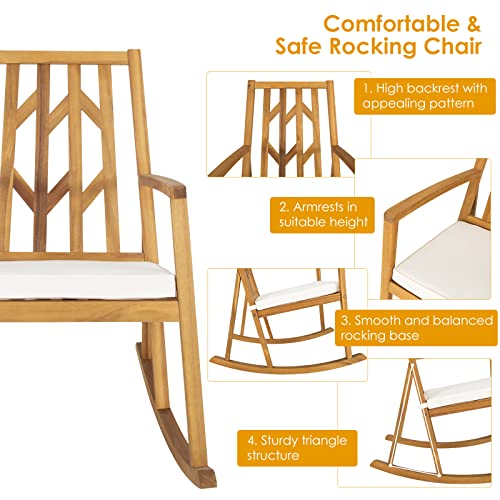 Tangkula Acacia Wood Patio Rocking Chair, Outdoor Porch Rocker W/Removable High-Density Cushion, All-Weather Resistance, Balanced Rocking Base, Perfect for Garden, Backyard, Poolside (1, White)