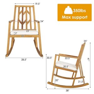 Tangkula Acacia Wood Patio Rocking Chair, Outdoor Porch Rocker W/Removable High-Density Cushion, All-Weather Resistance, Balanced Rocking Base, Perfect for Garden, Backyard, Poolside (1, White)