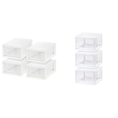 IRIS USA MSD-1 Compact Stacking Drawer, White, 6 Quart, 4-Pack & Stackable Plastic Storage Drawer, Medium-3 Pack (White)