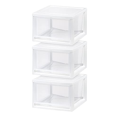 IRIS USA MSD-1 Compact Stacking Drawer, White, 6 Quart, 4-Pack & Stackable Plastic Storage Drawer, Medium-3 Pack (White)