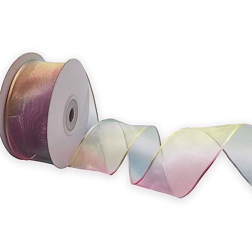 XMRIBBON Rainbow Sheer Organza Ribbon Wired 1-1/2 Inch X 25 Yards for Floral & Craft Decoration